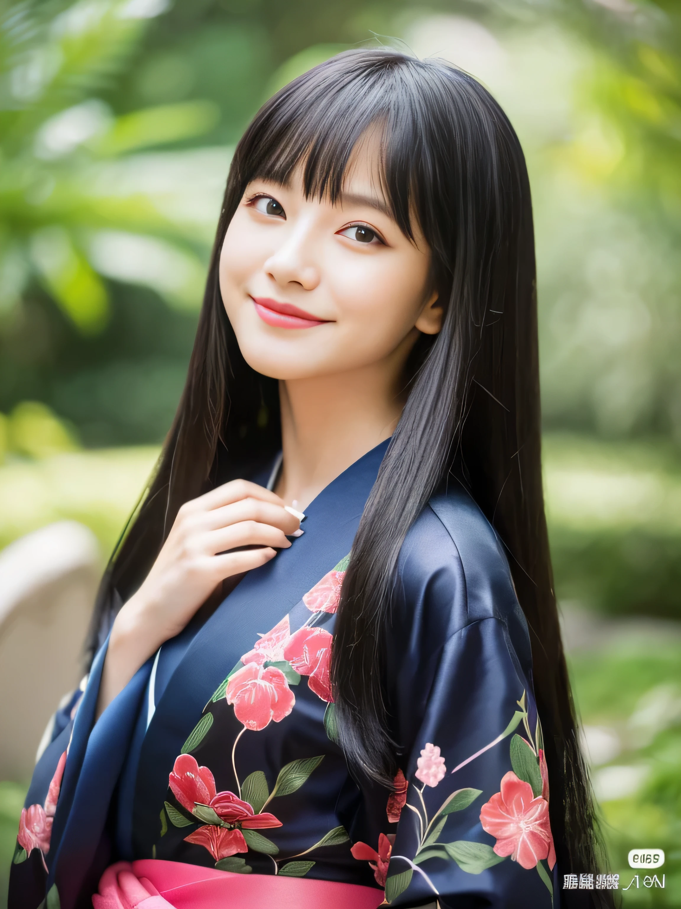 A woman with long black hair wearing a blue kimono - SeaArt AI