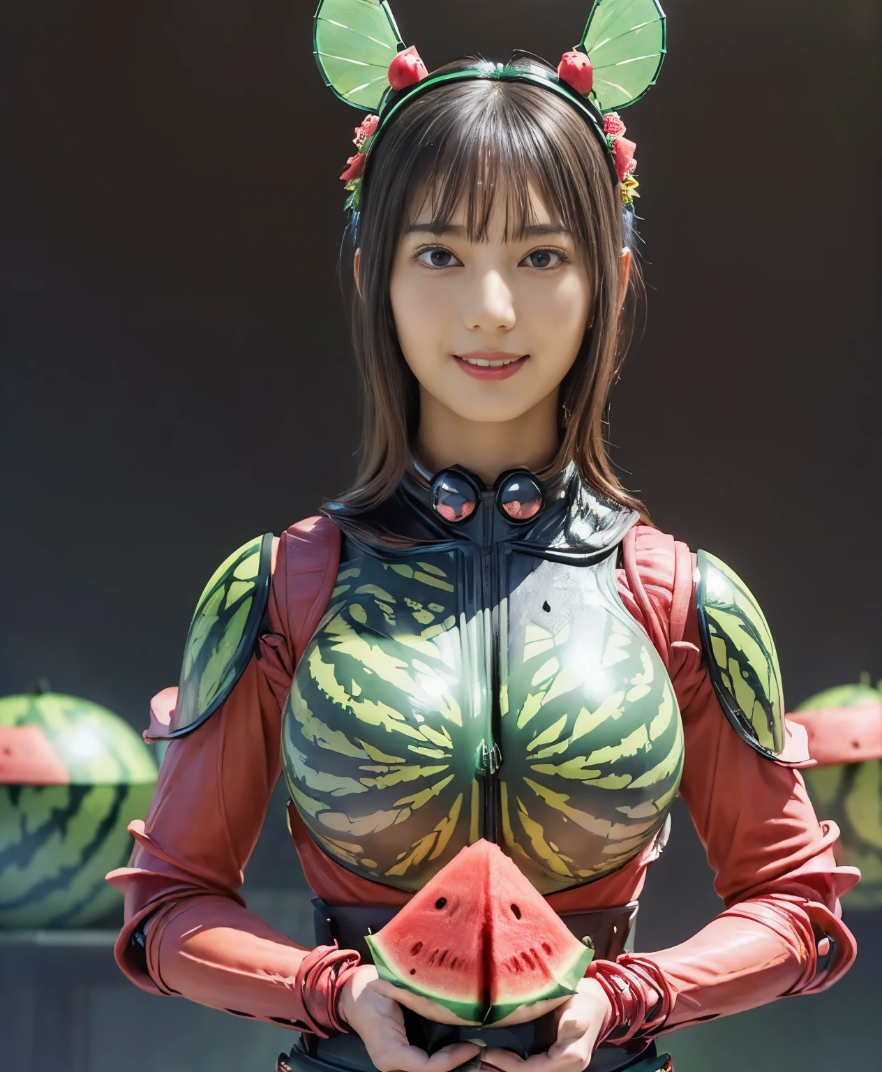 There is a woman in a costume that has watermelon on her chest - SeaArt AI