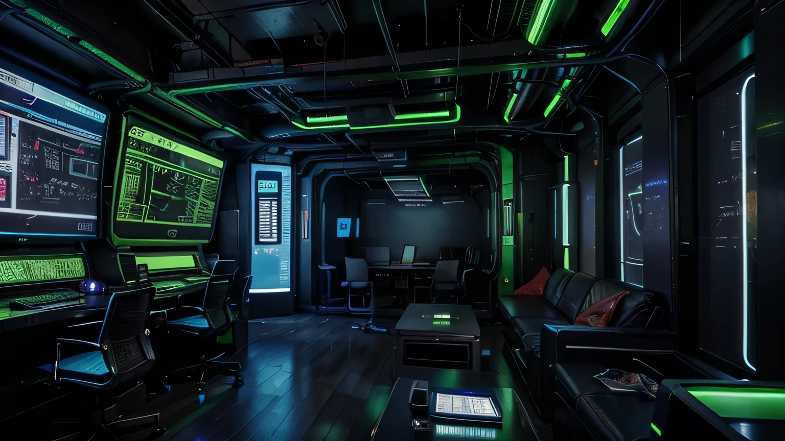 A dimly lit room with a desk and a computer monitor - SeaArt AI