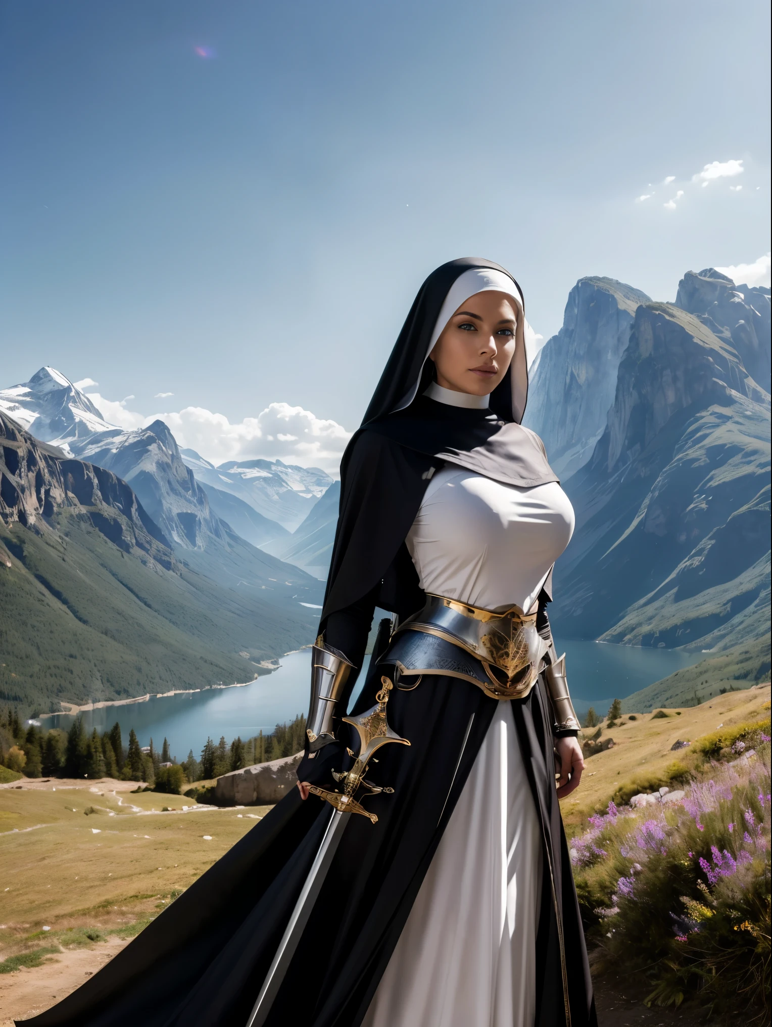A woman dressed in a nun costume standing on a mountain - SeaArt AI