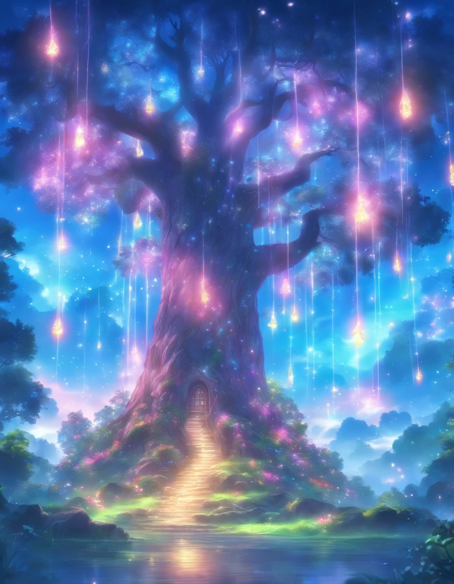 Painting of a tree with lights on the branches, Concept Art：Jan J ...