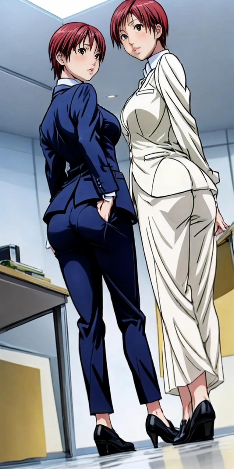 (Kei Kishimoto) View looking up from the ground behind, Two office ladies standi - SeaArt AI