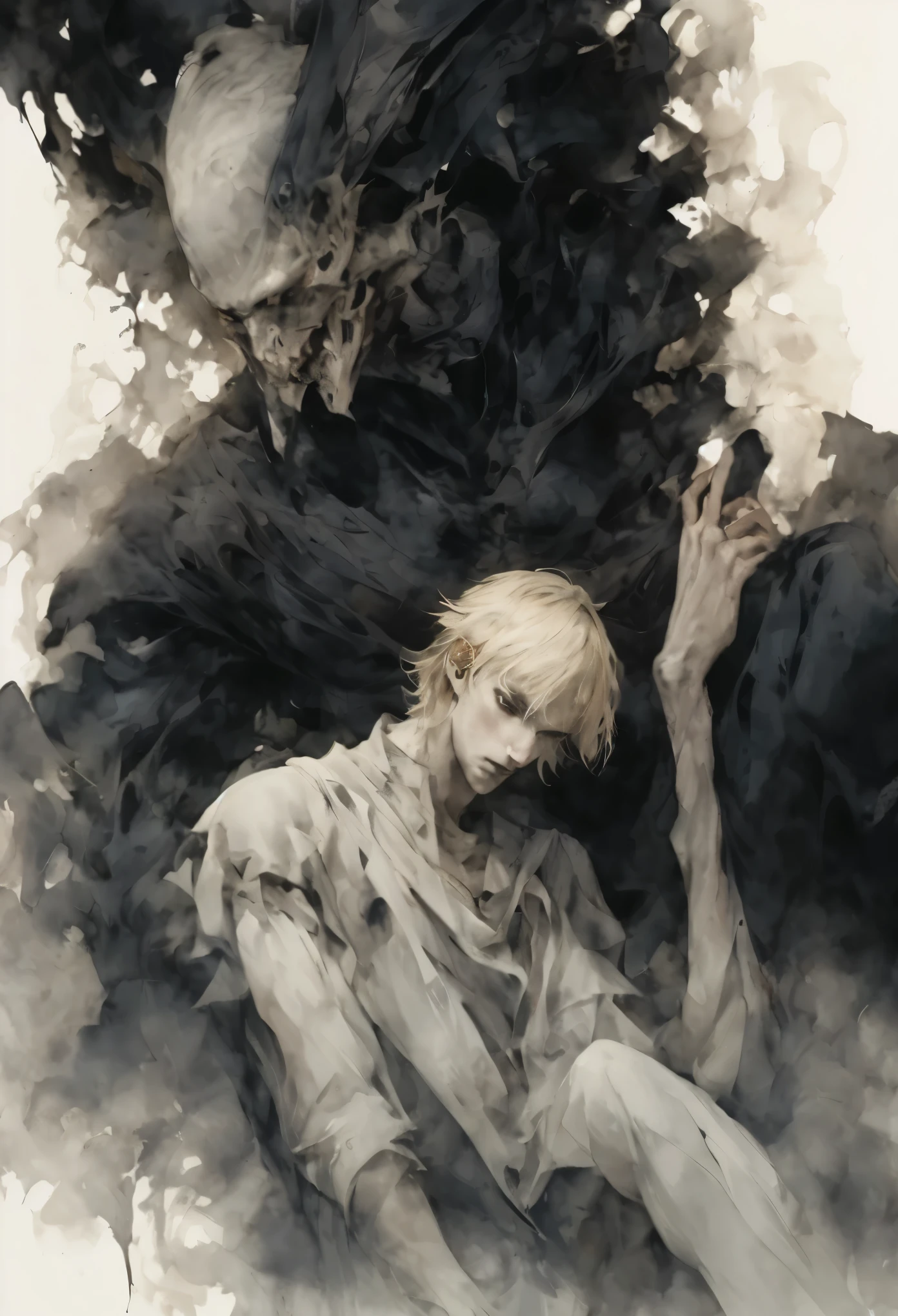 A painting of a man sitting on a chair with a demon behind him - SeaArt AI