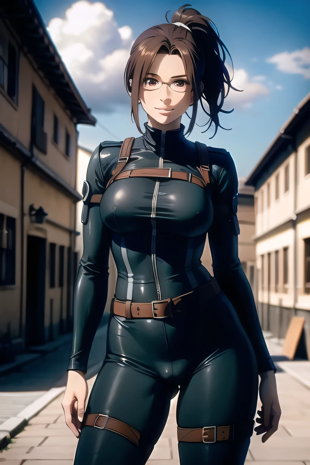 A woman in a black leather outfit standing on a street - SeaArt AI