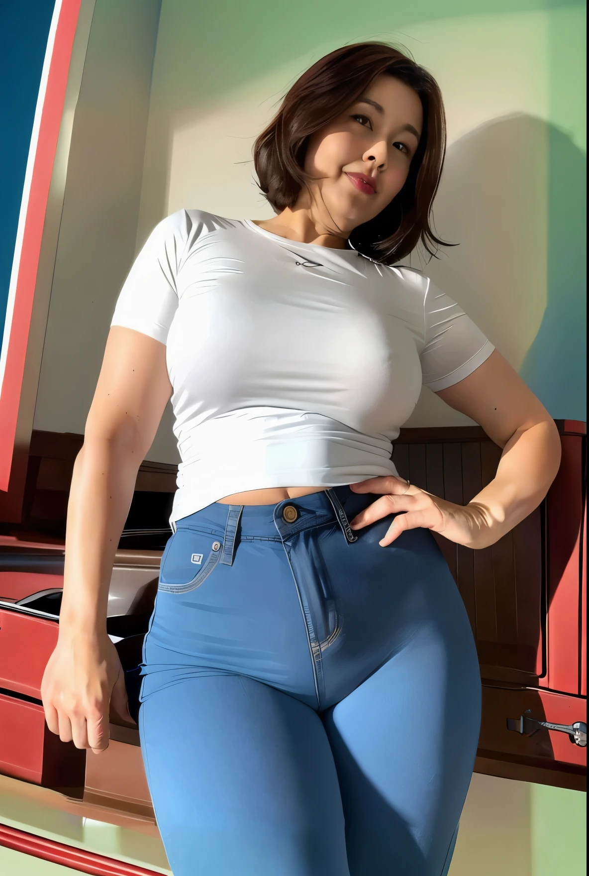 Araffe woman in blue jeans posing in front of a surfboard - SeaArt AI