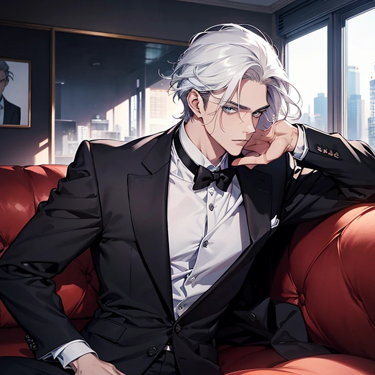 A cool and handsome CEO man about 21 years old, cold gaze, white hair ...