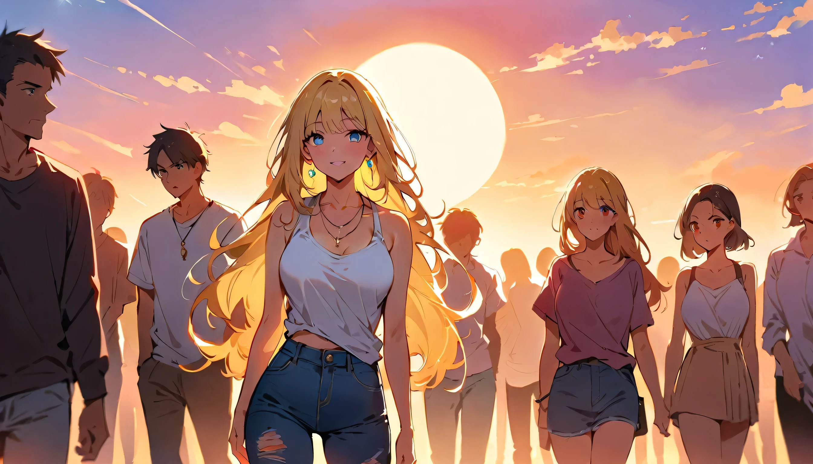 Anime characters standing in front of a sunset with a group of people ...