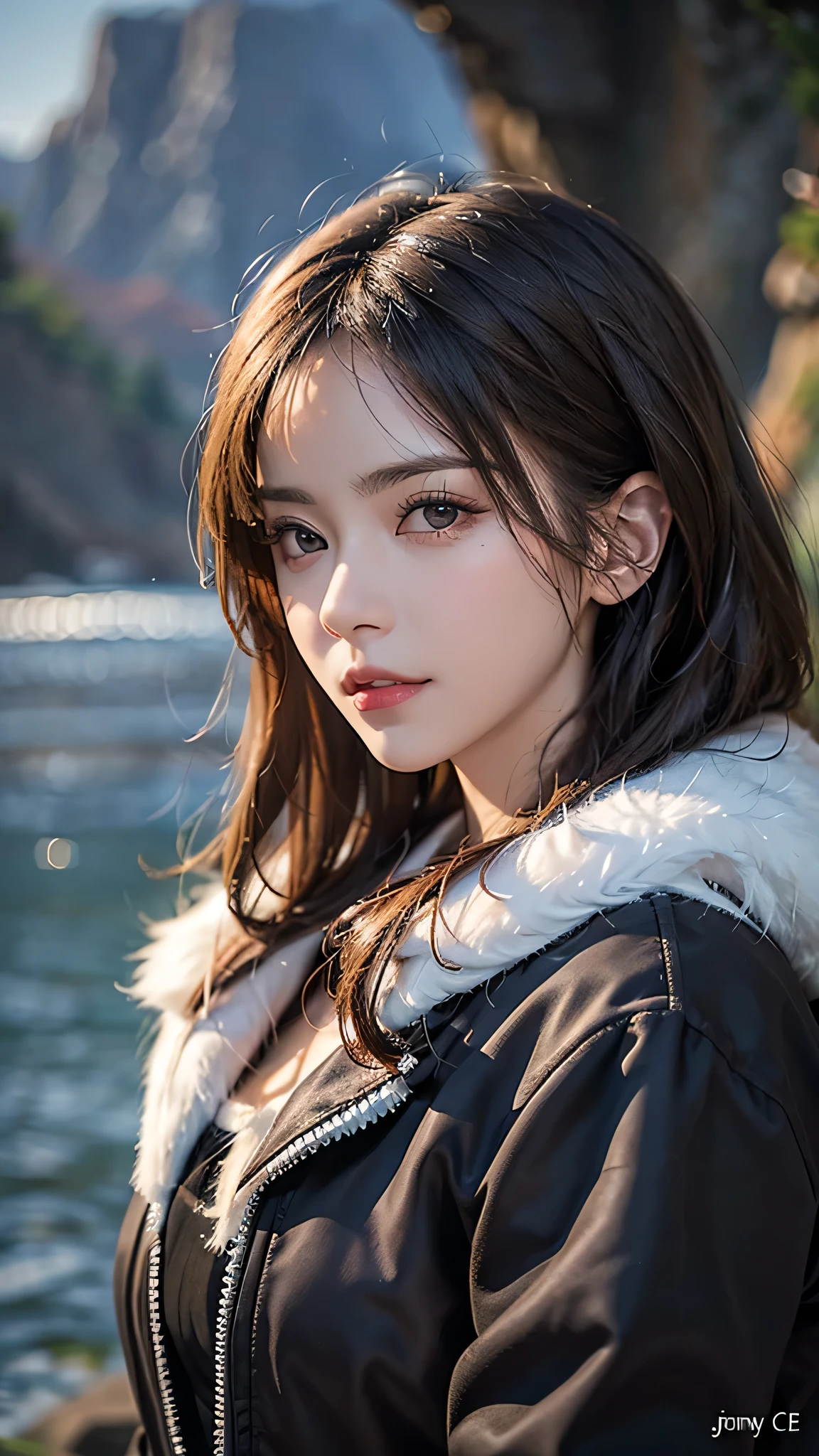 A woman in a black jacket standing next to a body of water - SeaArt AI