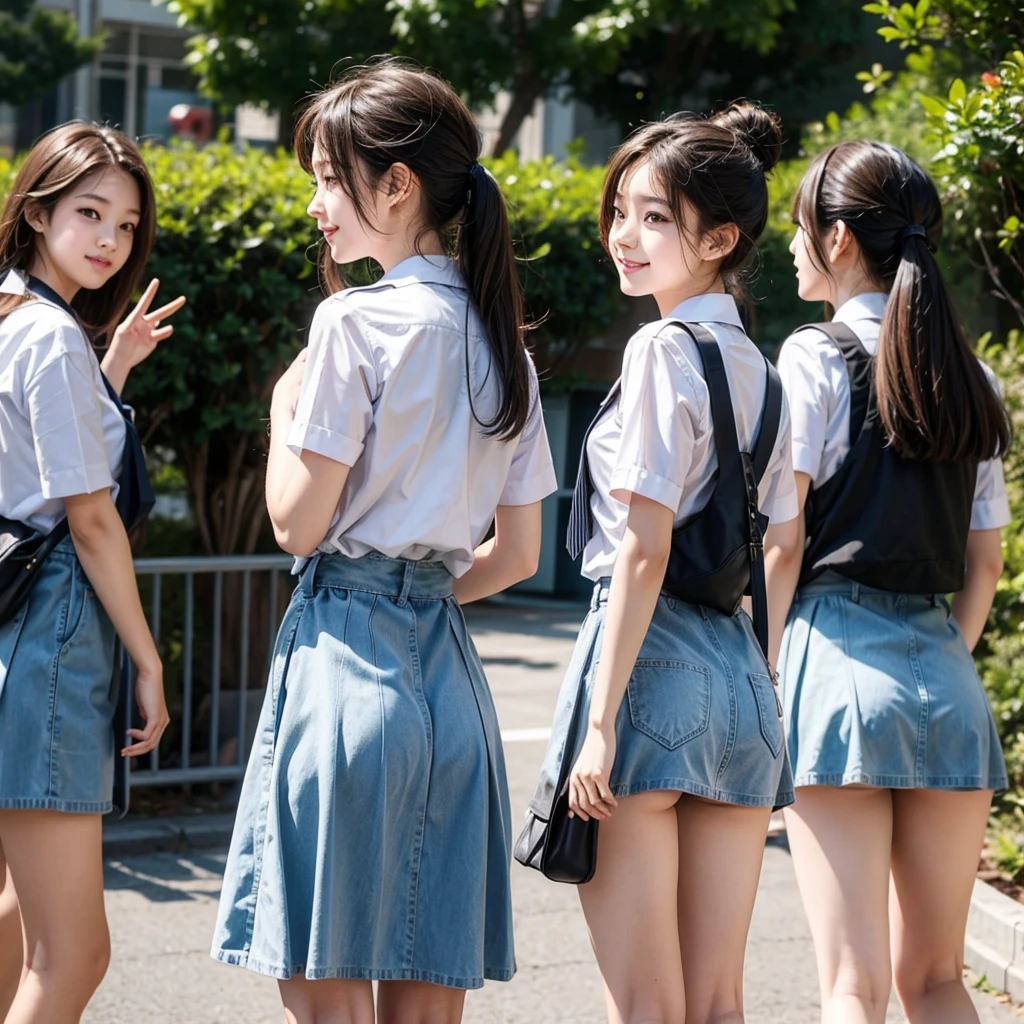 Cute school girls,group photo,highly exposed,from behind,smiling ...