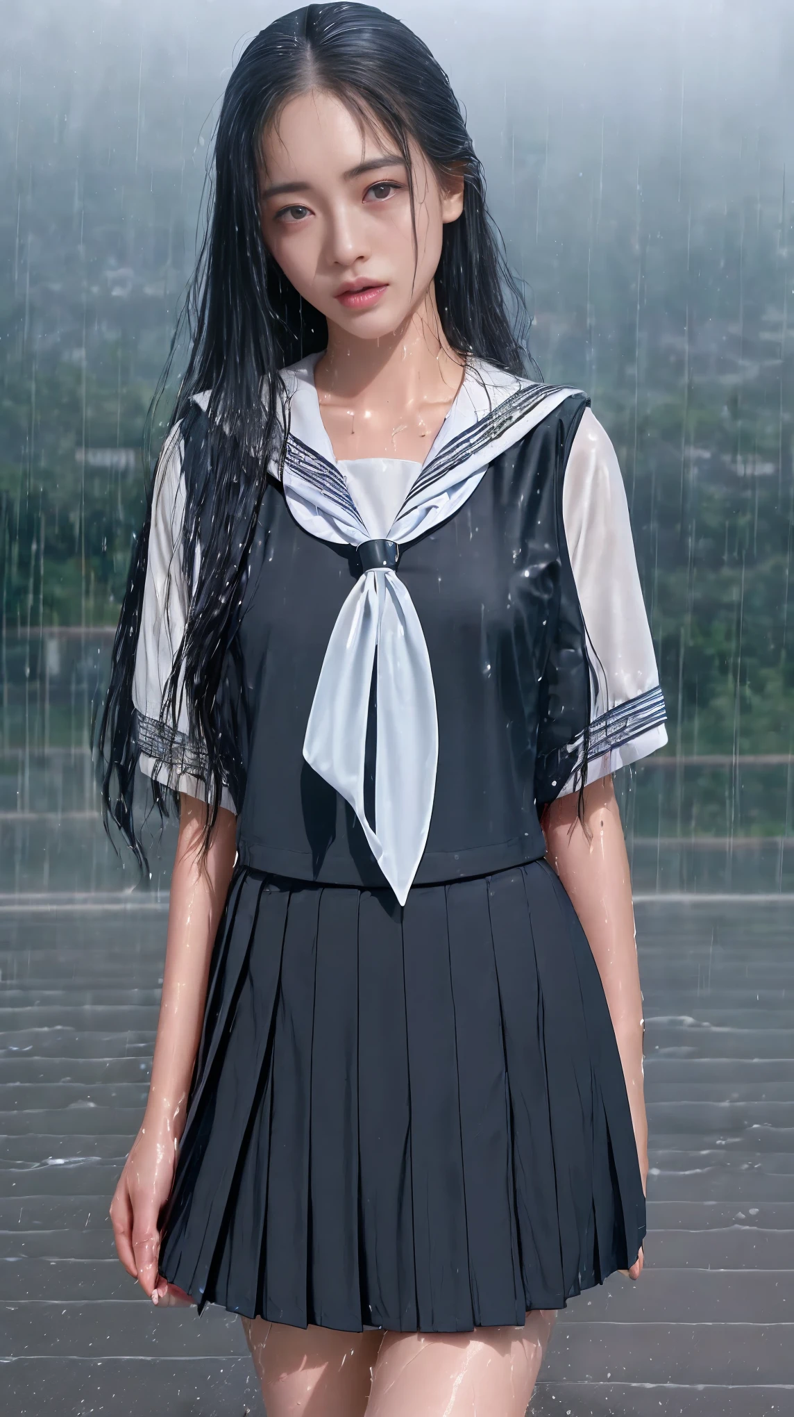 Arafed asian woman in a school uniform standing in the rain - SeaArt AI