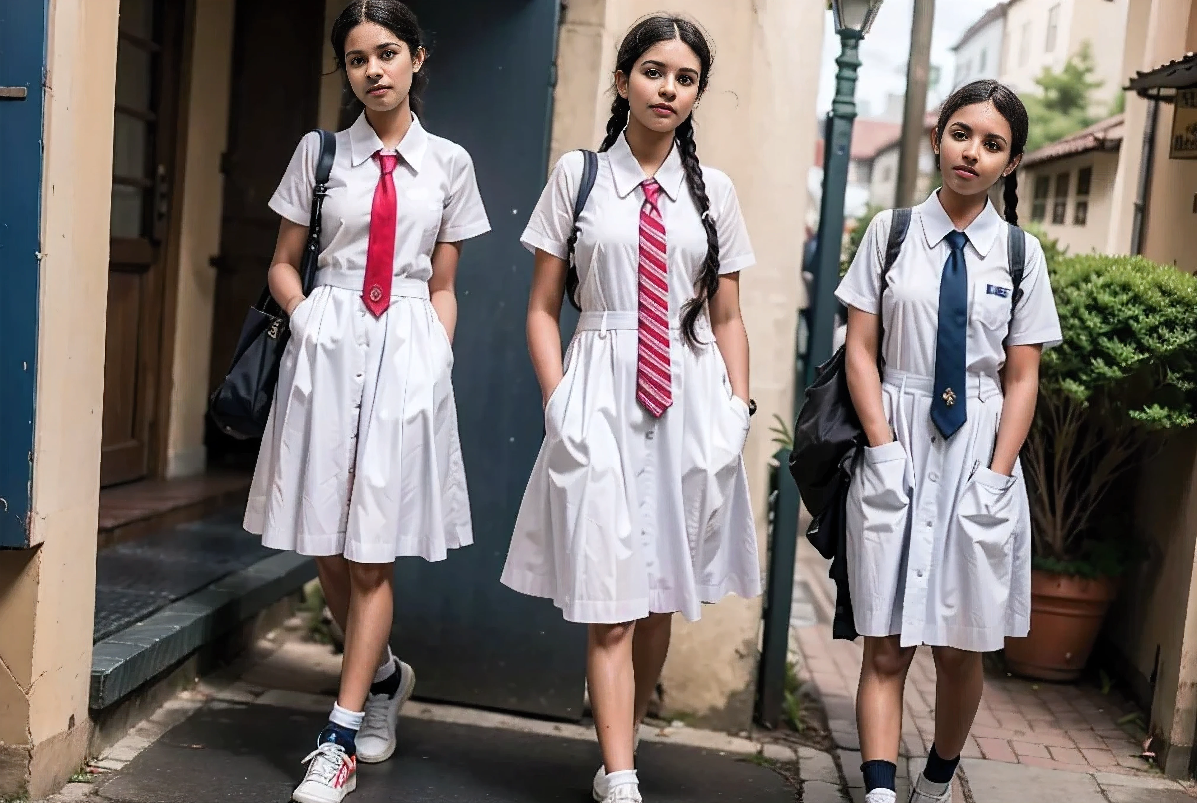 There are two girls in school uniforms standing on the sidewalk - SeaArt AI