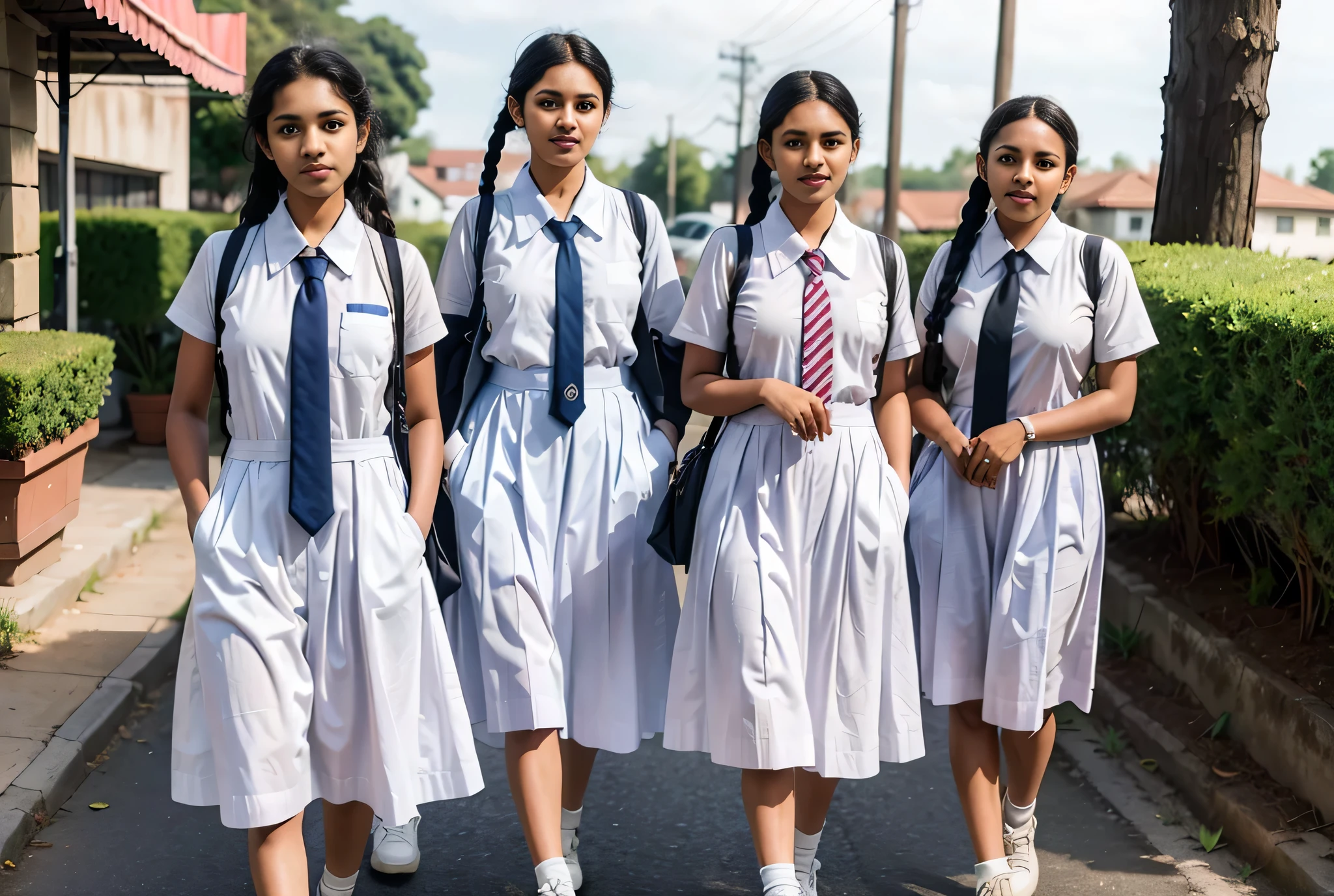 Three girls in school uniforms are walking down the street - SeaArt AI