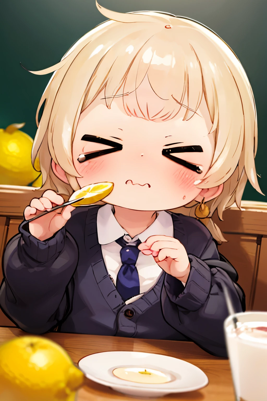 Anime girl eating a lemon with a spoon and a plate of food - SeaArt AI
