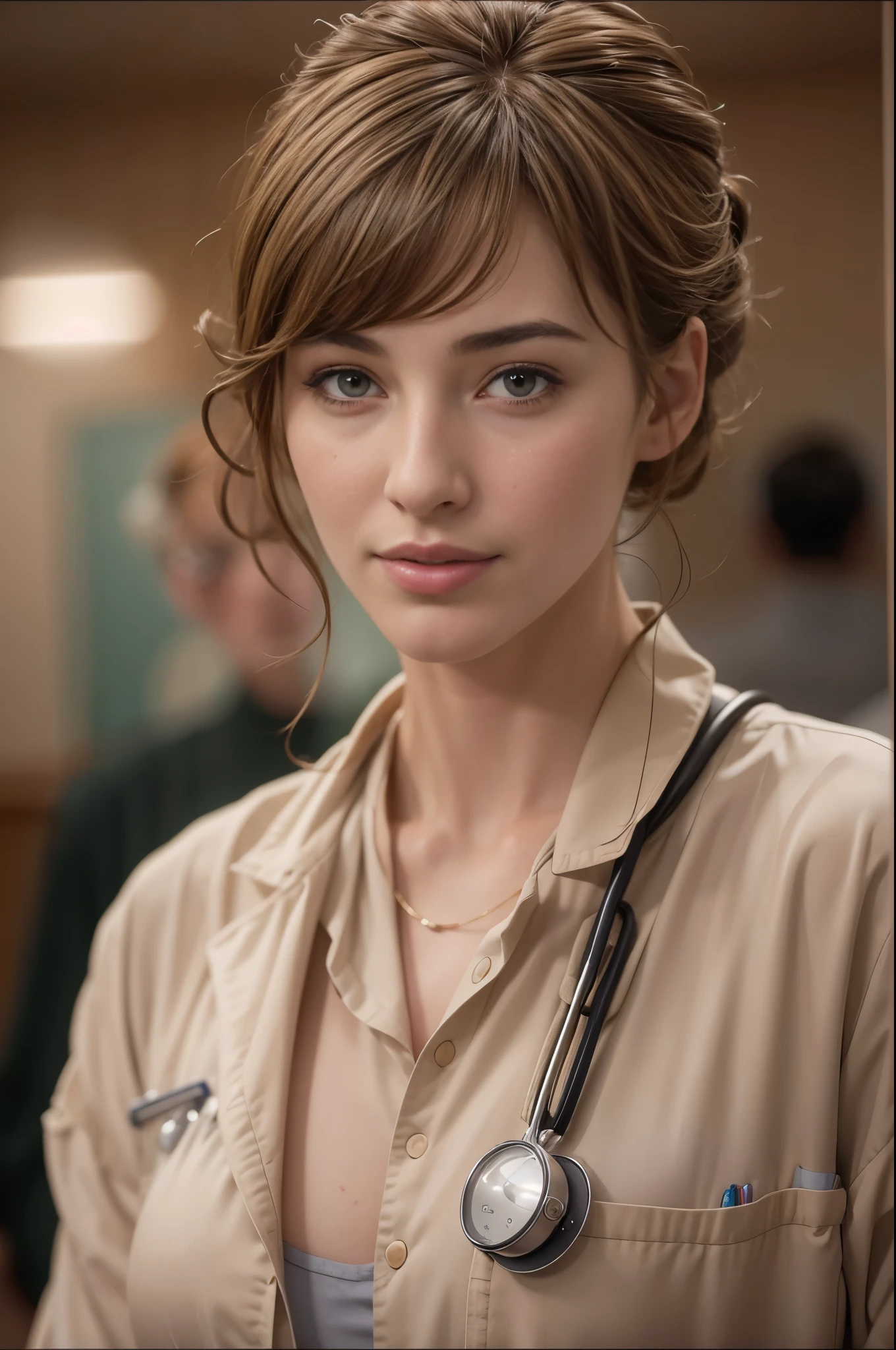 A woman in a tan shirt with a stethoscope on her neck - SeaArt AI