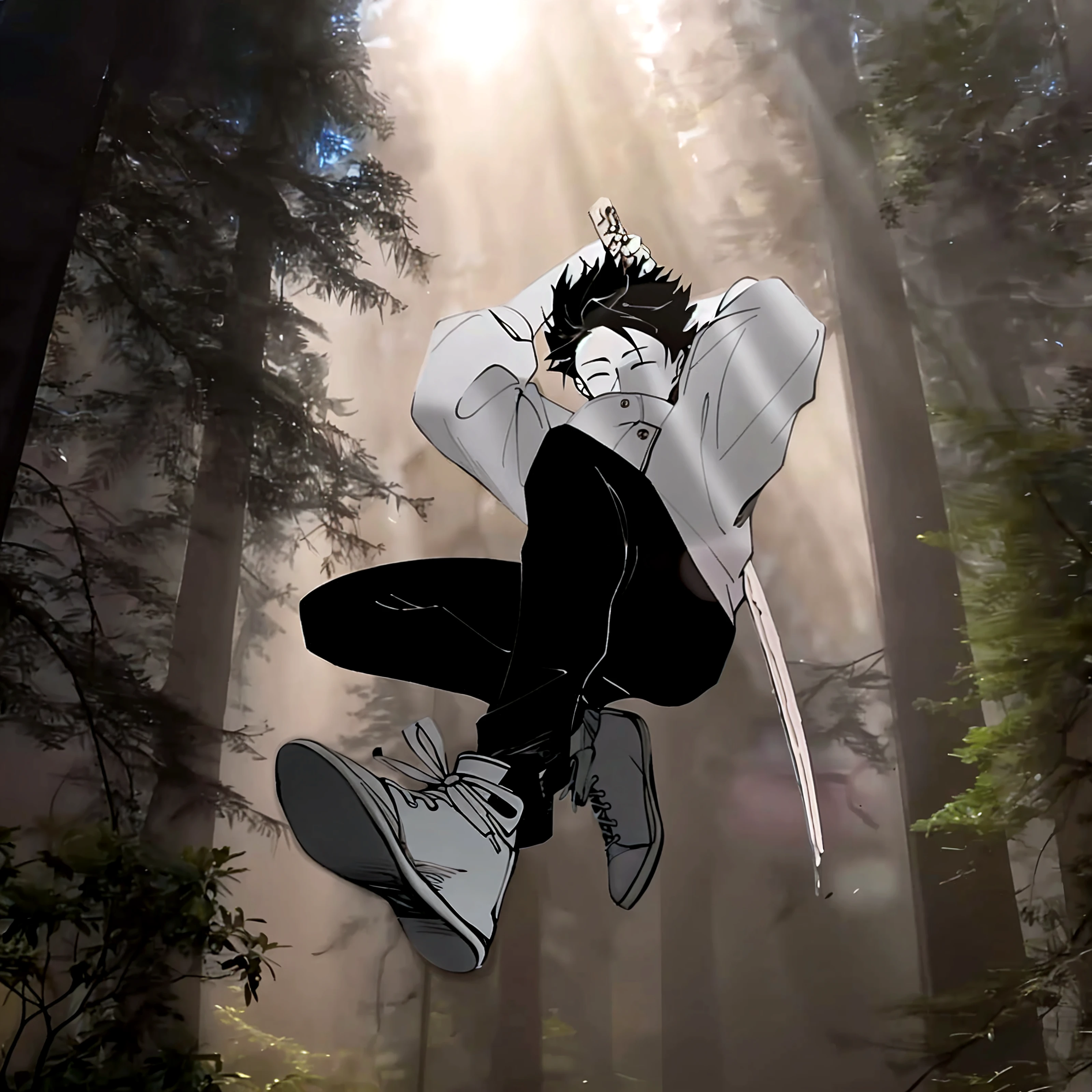 Anime style picture of a man in a black and white outfit jumping in the ...