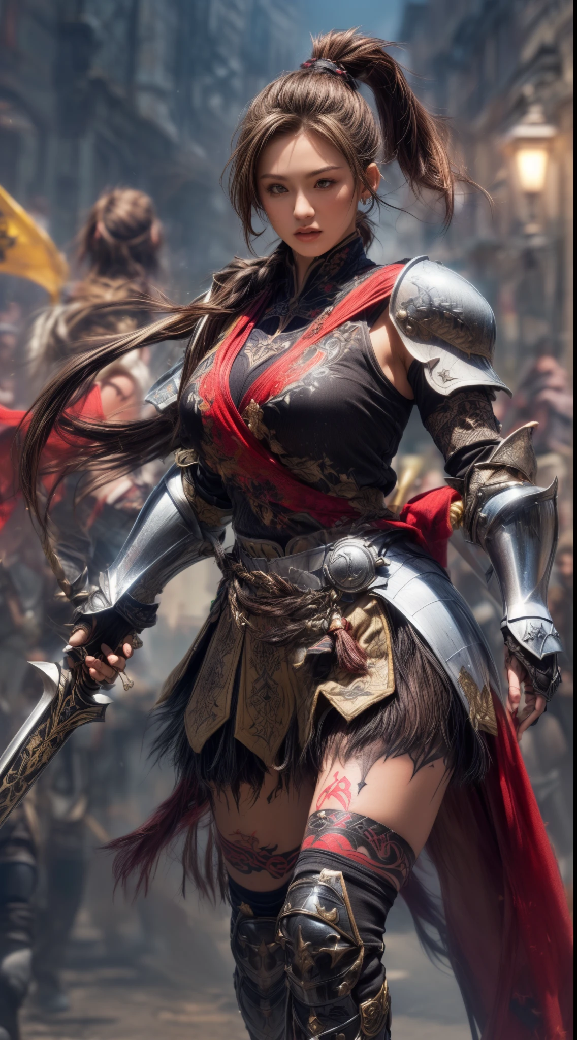 A woman in armor holding a sword and a sword in her hand - SeaArt AI