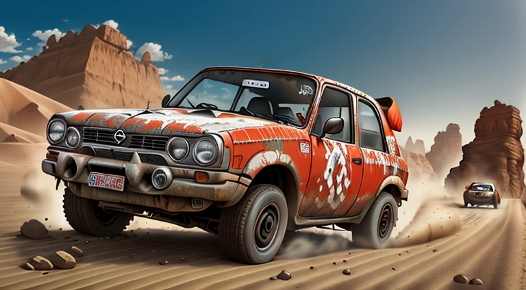 Very old, damaged and worn out red Nissan rally car, Running through ...