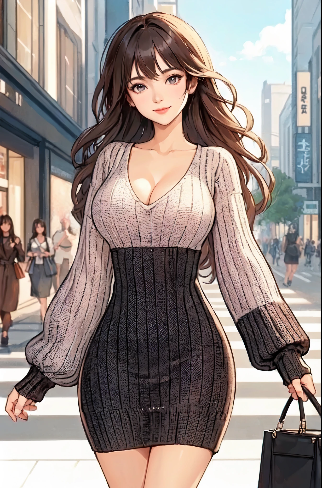A woman in a dress walking down a street with a purse - SeaArt AI