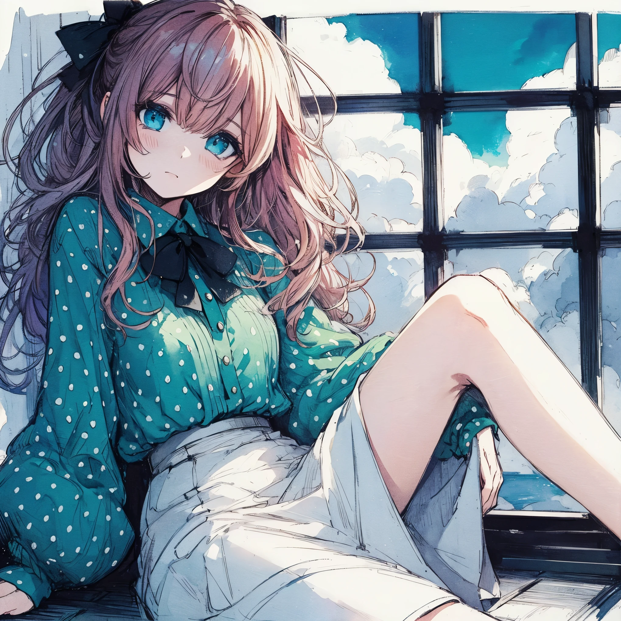 Anime girl sitting on a window sill with her legs crossed - SeaArt AI