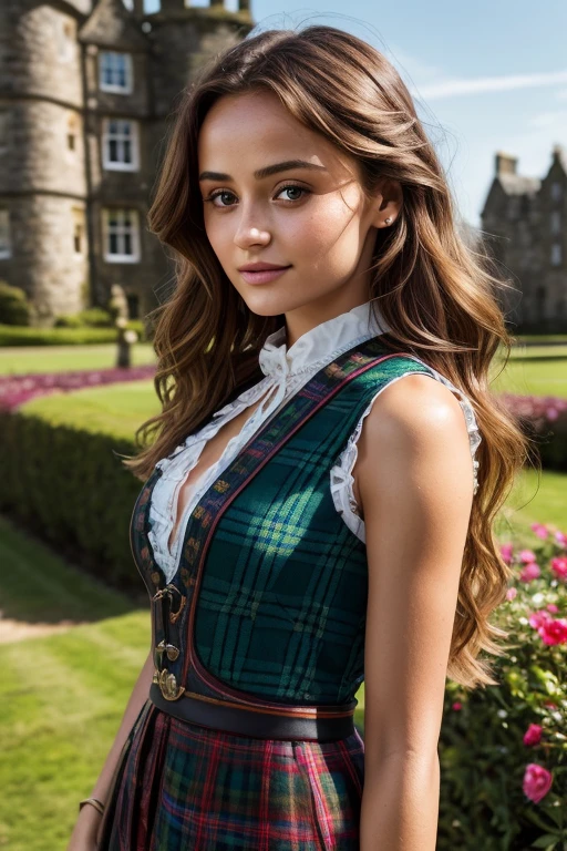 From above, portrait of a beautiful Ella Purnell, wavy hair, she is a ...