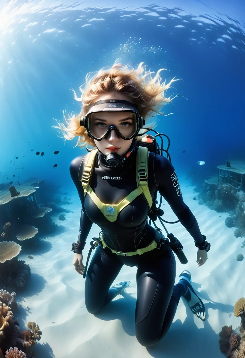 During the diving course，There is a lady wearing a diving suit and ...