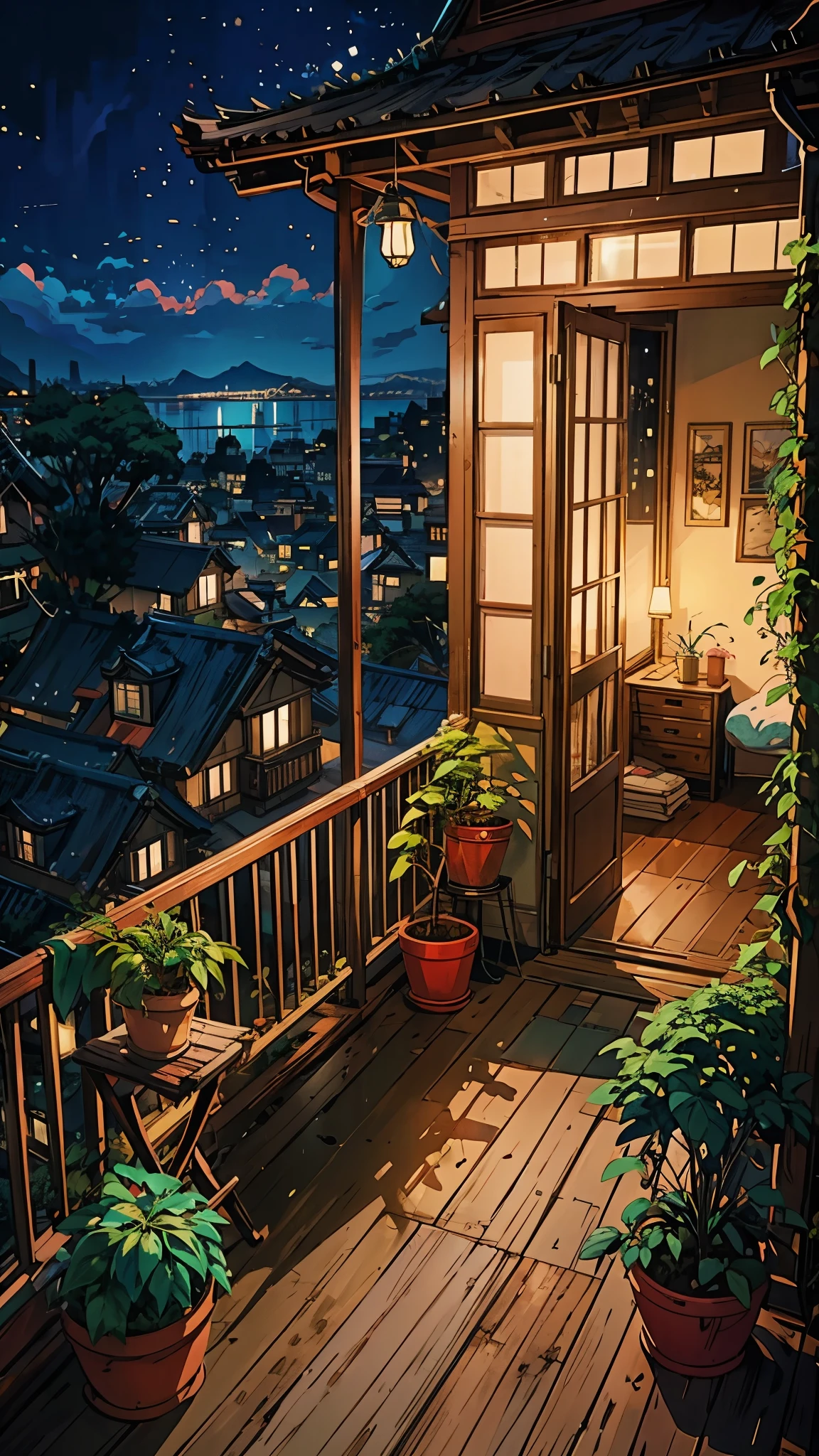There is a balcony with a bench and potted plants on it - SeaArt AI
