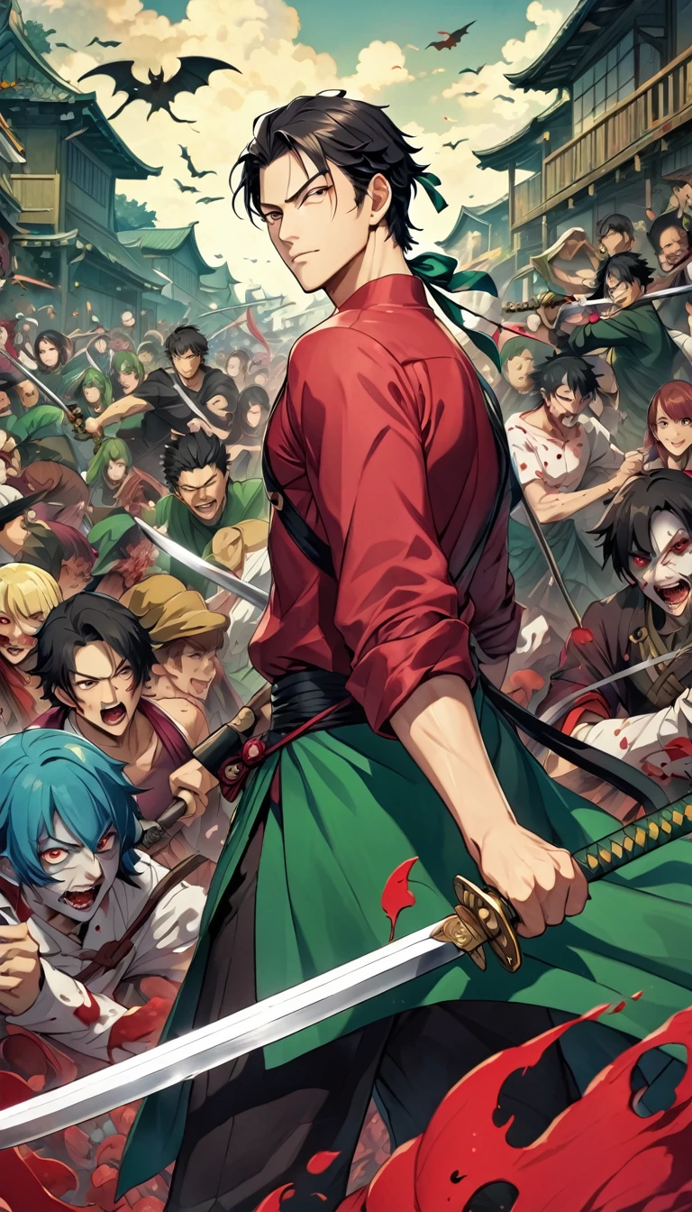 もっとa close-up of a person wielding a sword in front of a horde of ...
