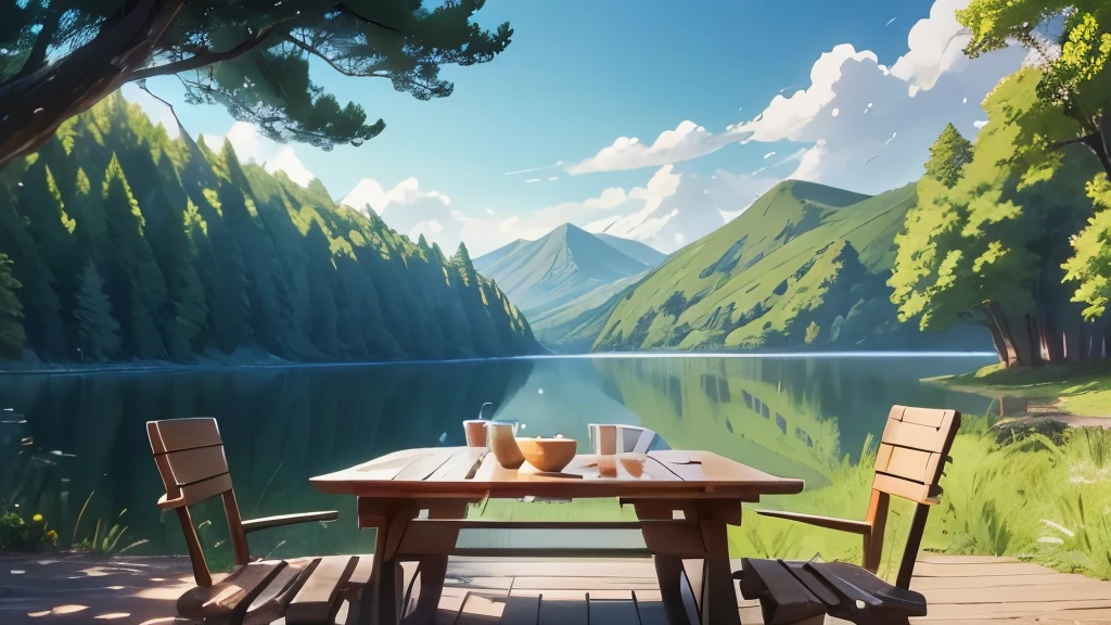 There is a table with two chairs and a bowl of food on it - SeaArt AI