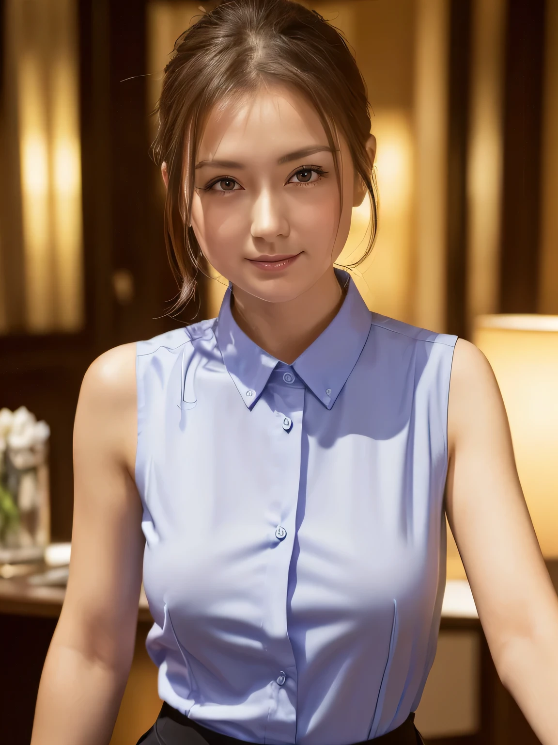 Arafed woman in a blue shirt and black skirt posing for a picture ...