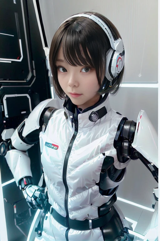 A girl in a futuristic bright white heavily armored robot suit takes a ...