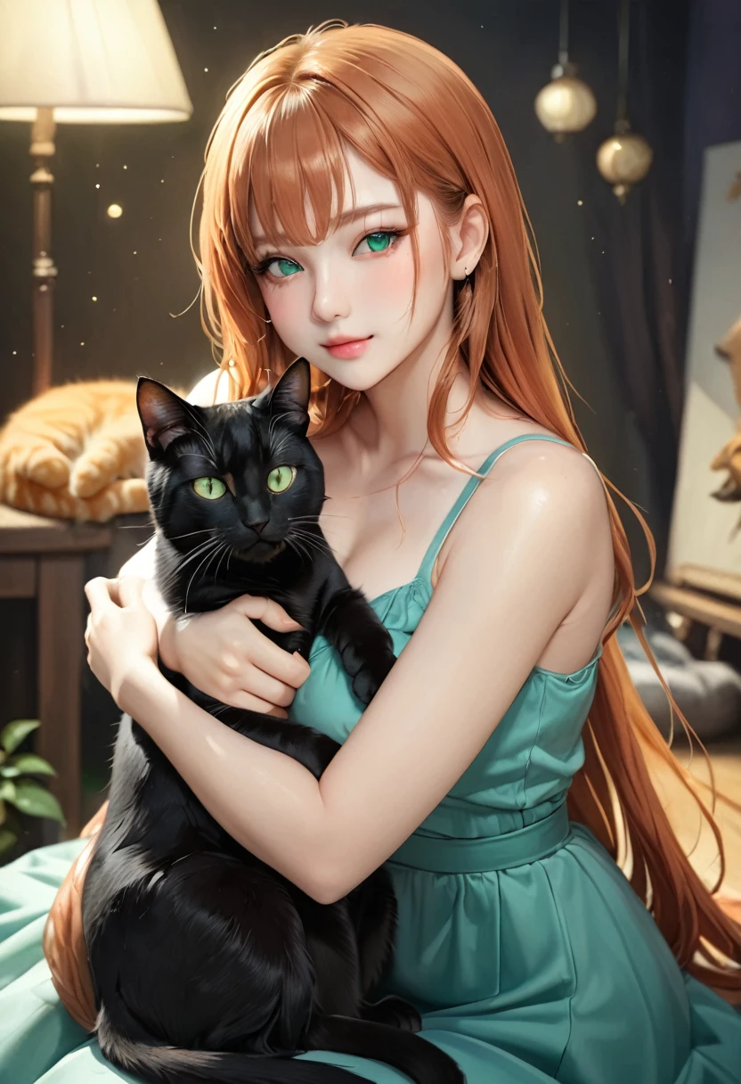 2 beautiful cats, black cat, ginger cat, cats with green eyes - SeaArt AI