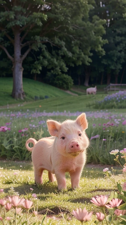 A little pink baby pig is standing in a wide green field. Soft light ...