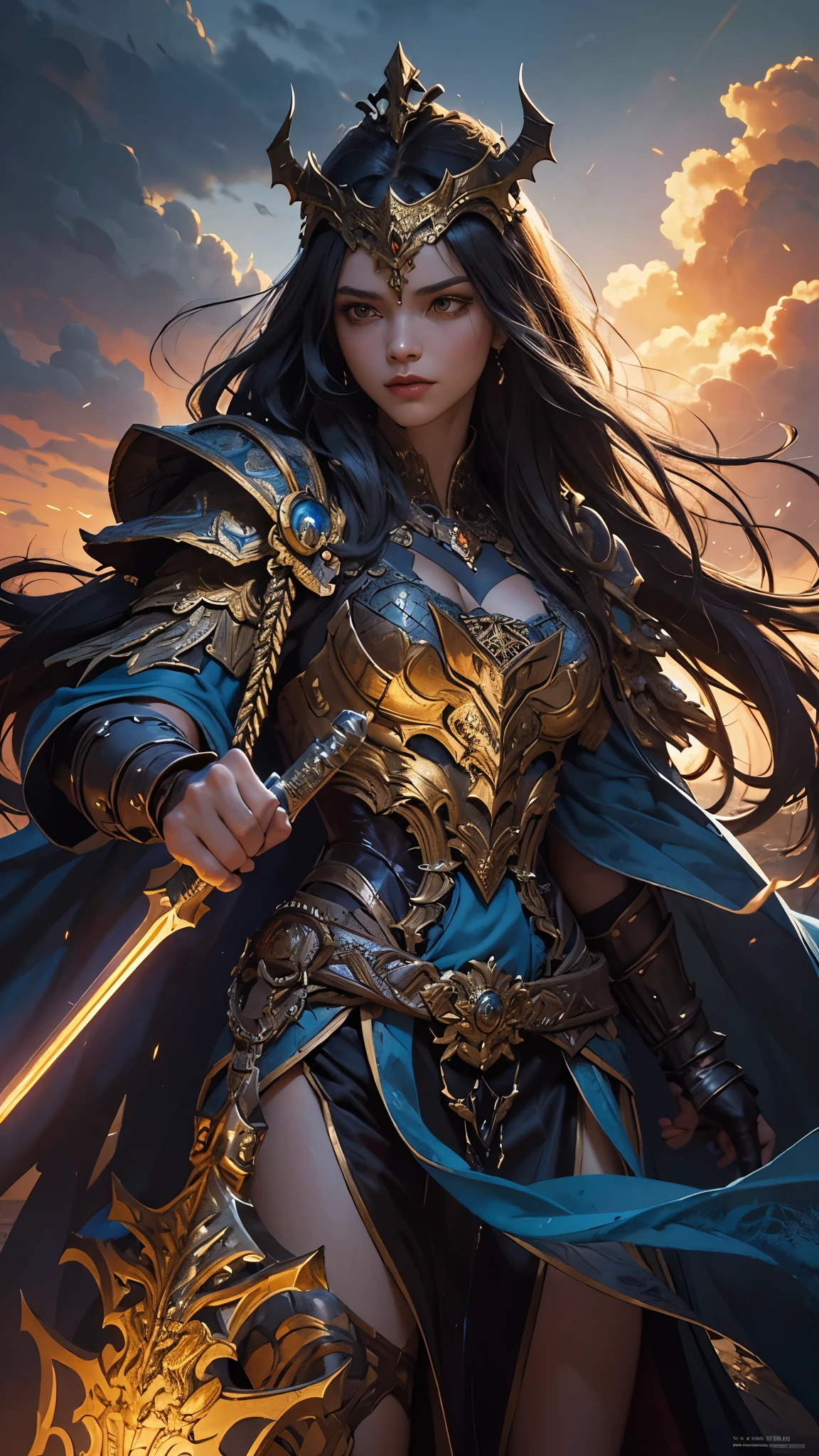 A woman in armor holding a sword and a sword - SeaArt AI