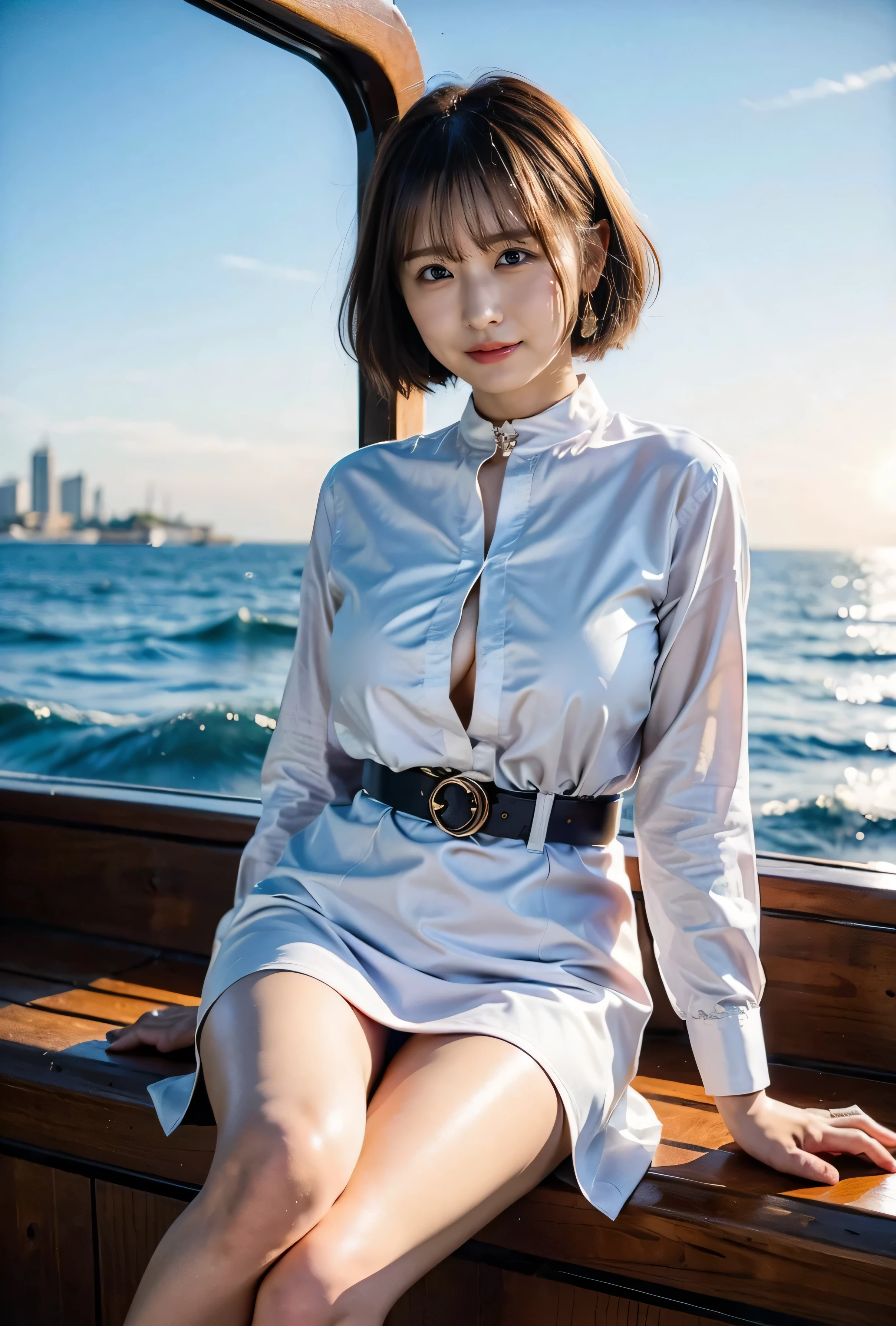 Arafed woman sitting on a boat in a white dress - SeaArt AI
