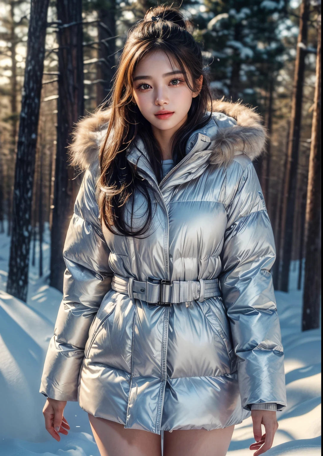 A woman in a silver jacket standing in the snow - SeaArt AI