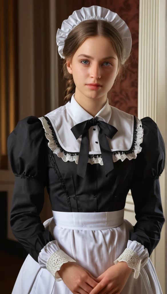 A maid in a dignified 19th century maid outfit, realistic portrait ...