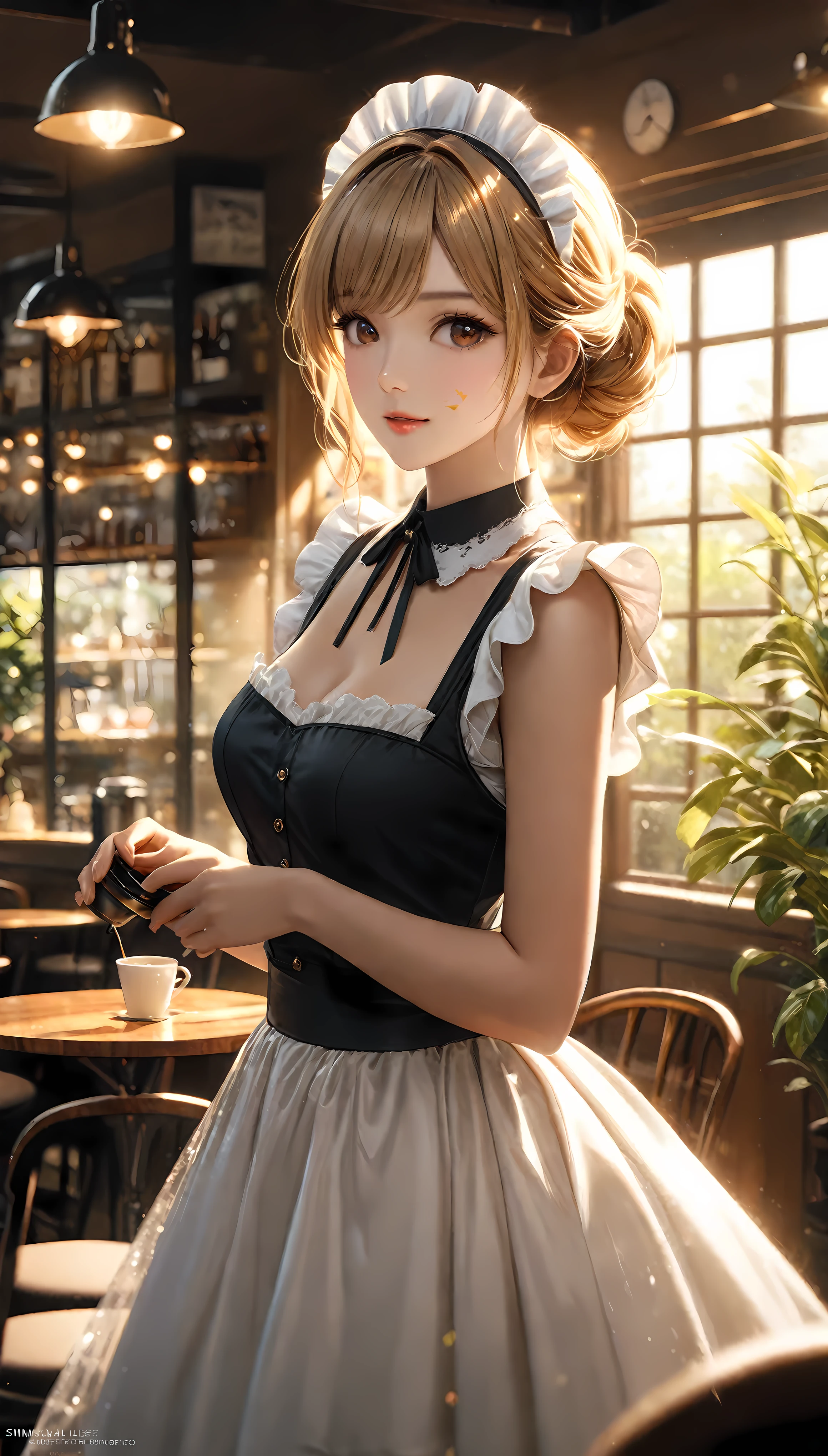 A woman in a maid outfit holding a cup of coffee - SeaArt AI