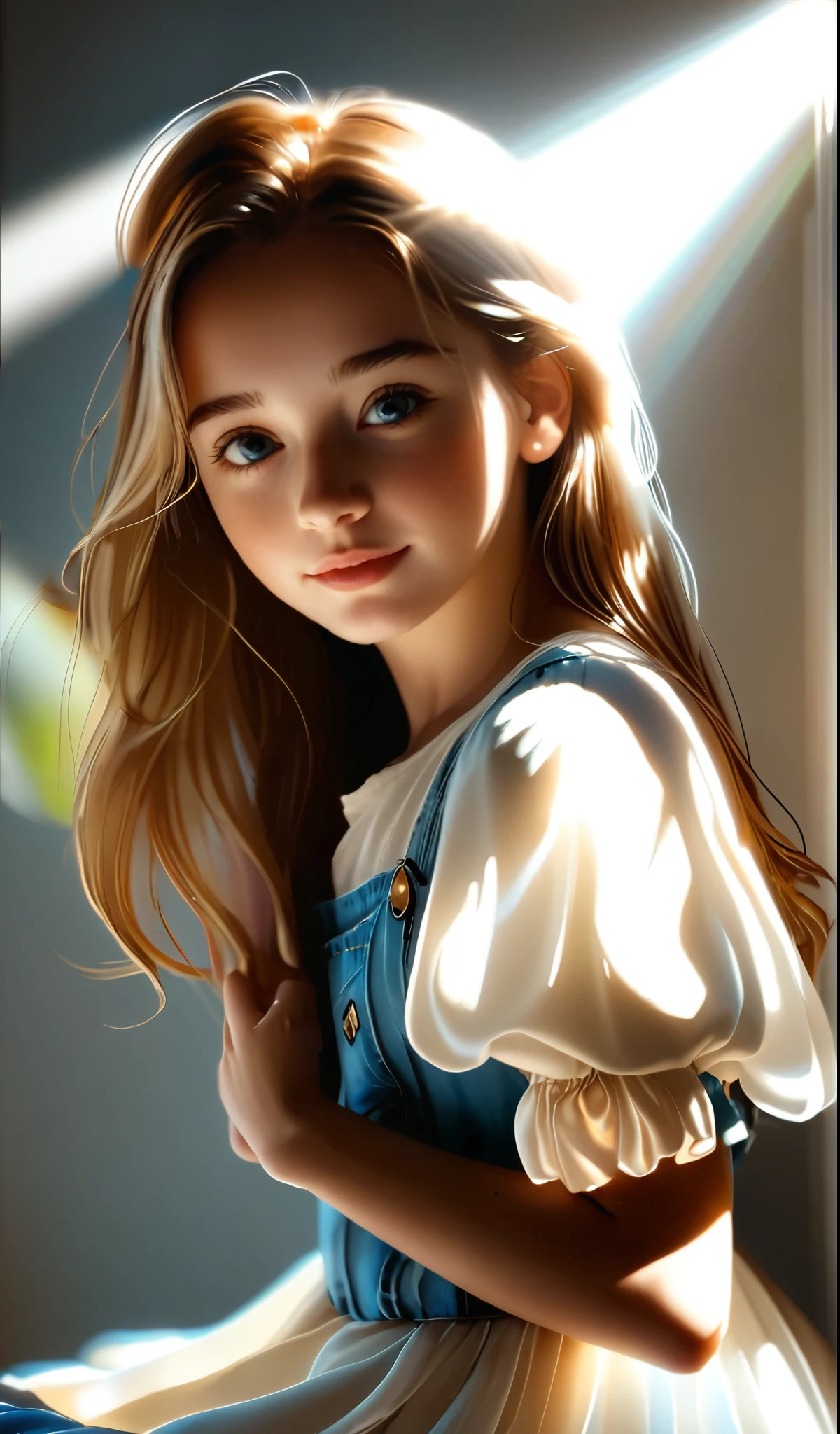 A close up of a girl in a dress with a sun shining on her face - SeaArt AI
