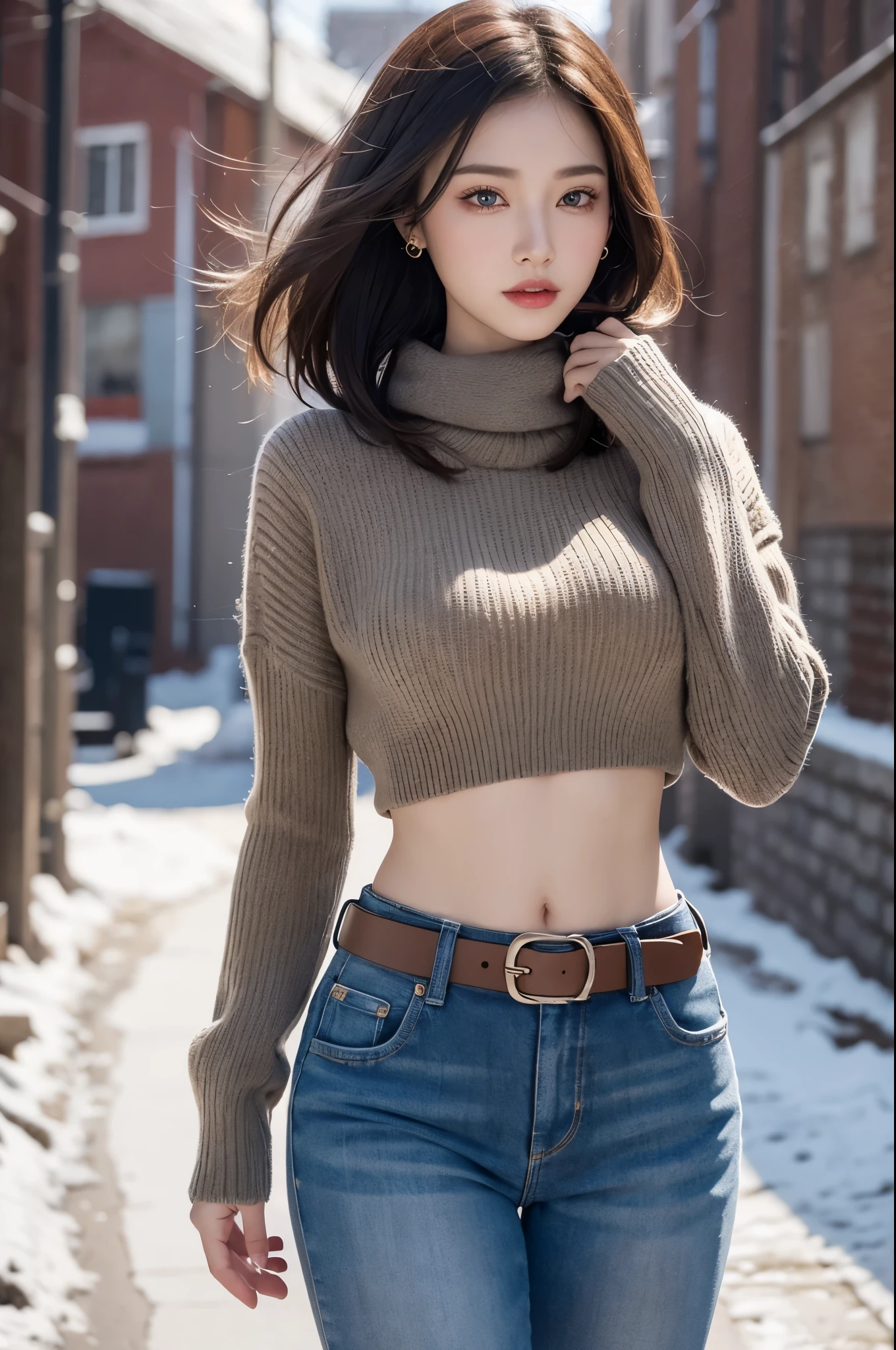 A woman in a turtle neck sweater and jeans posing for a picture - SeaArt AI