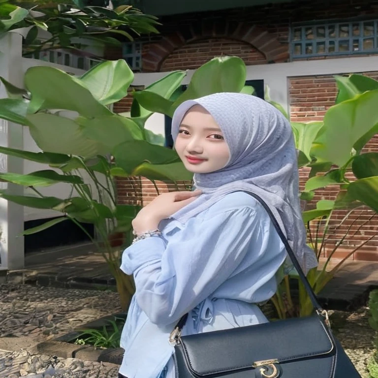 Woman wearing a blue shirt and a black purse standing in front of a ...
