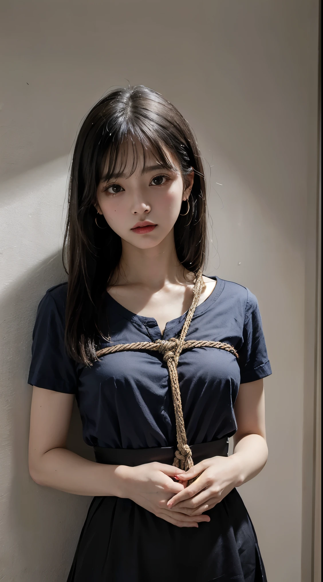 A close up of a woman standing against a wall with a rope - SeaArt AI