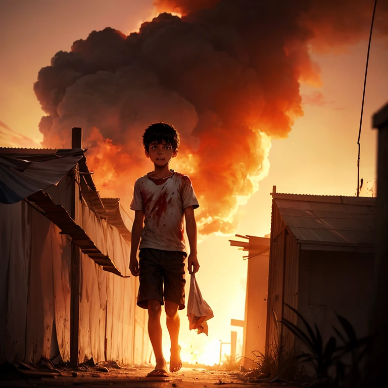 A close-up photo of a young Palestinian boy walking barefoot - SeaArt AI