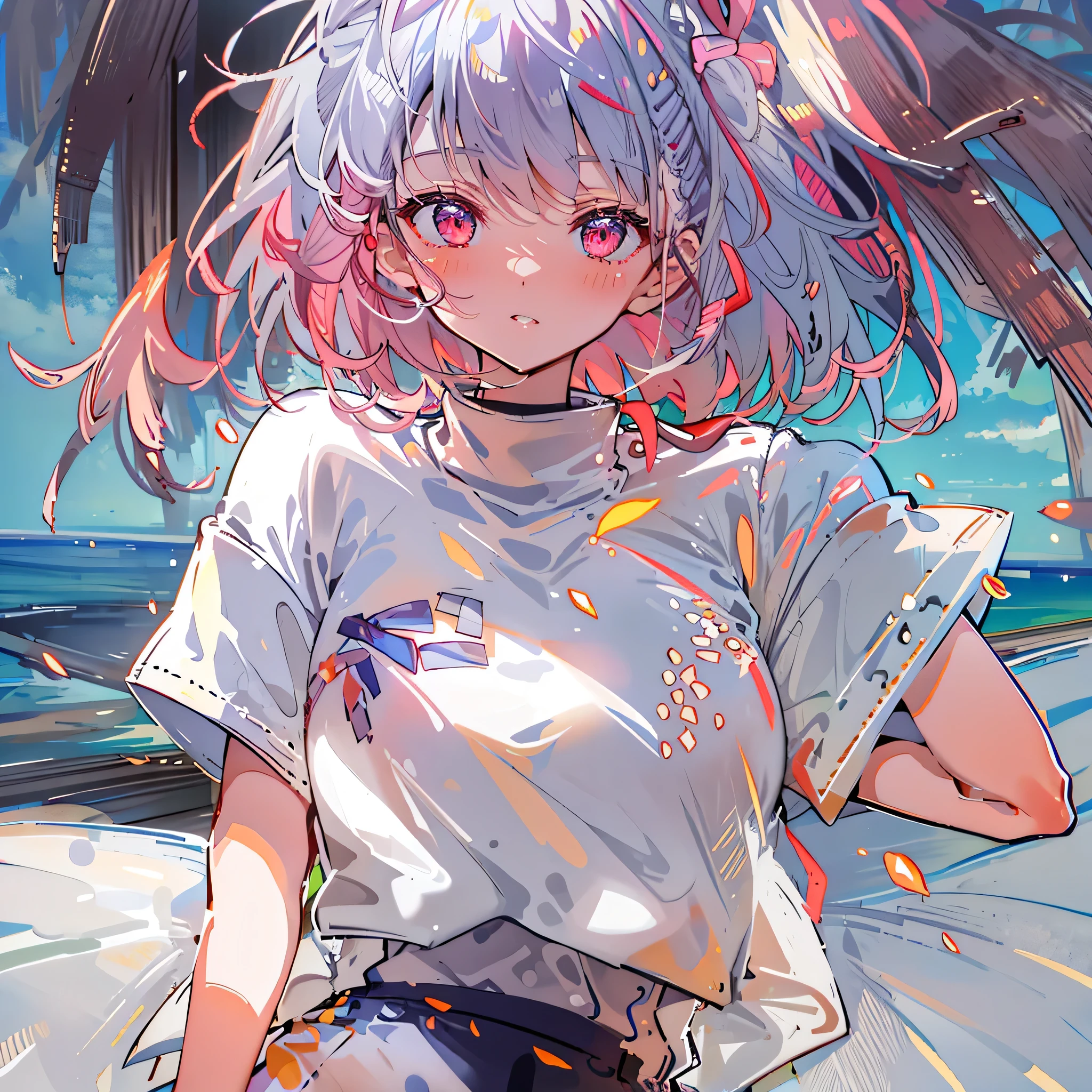 Anime girl with pink hair and white shirt standing on beach - SeaArt AI