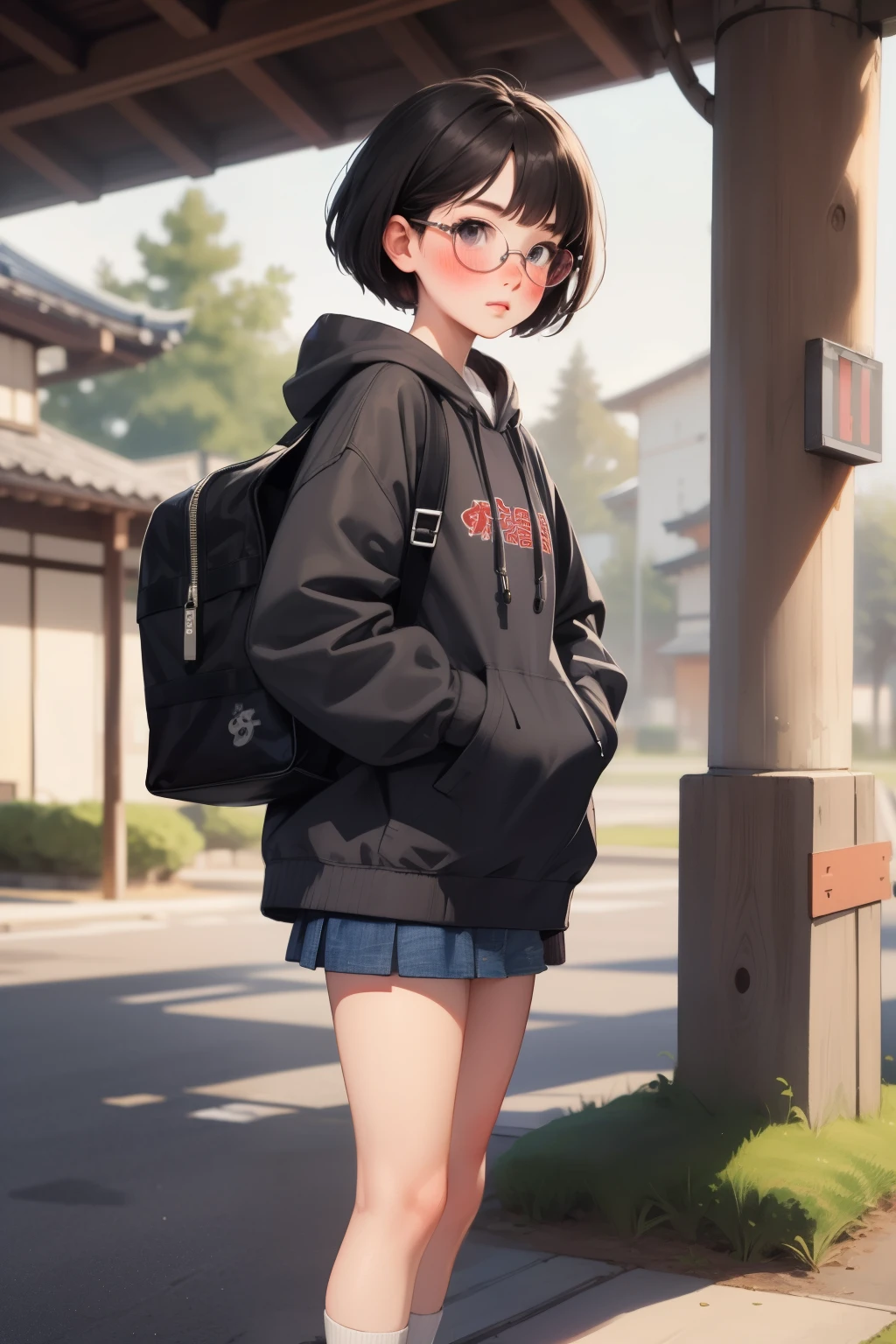 Anime girl with black hair and glasses standing on a sidewalk - SeaArt AI