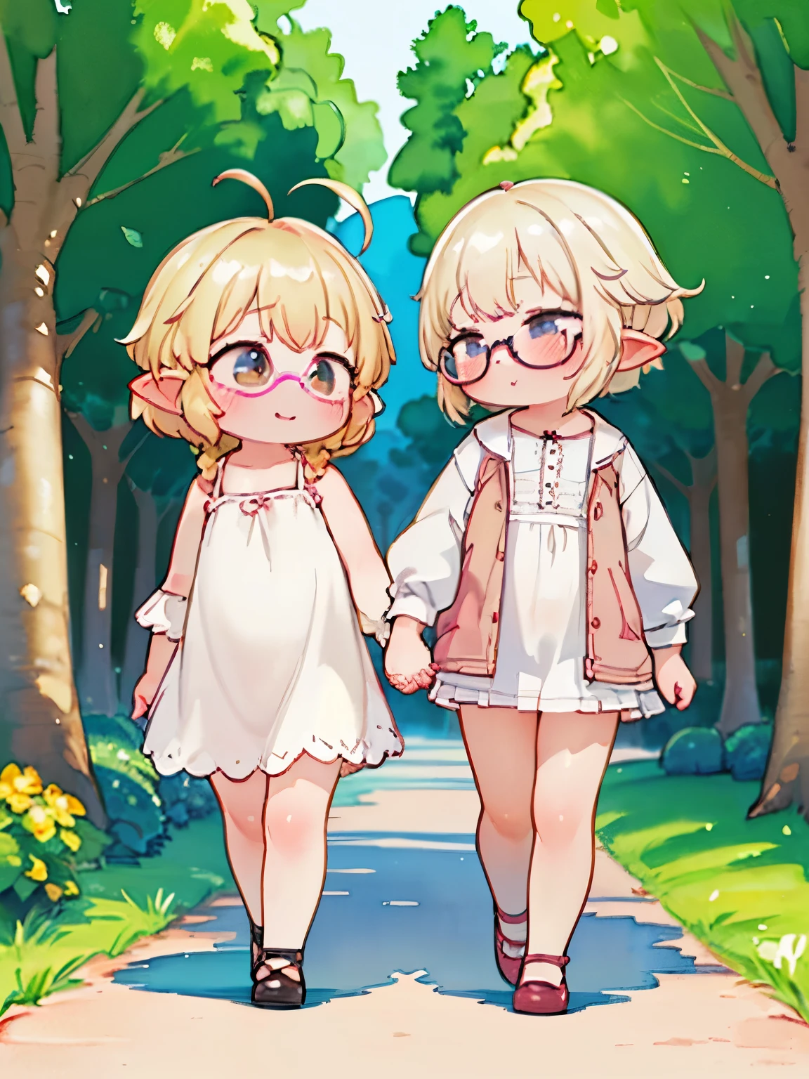 Two anime girls walking down a path in a park - SeaArt AI