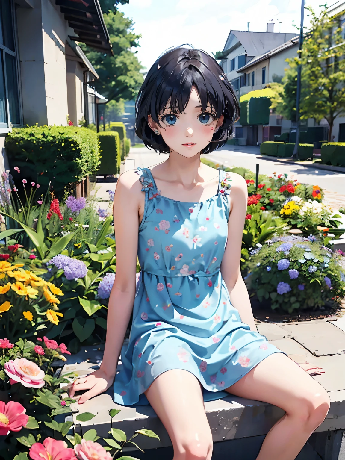 Anime girl sitting on a ledge in front of a flower garden - SeaArt AI