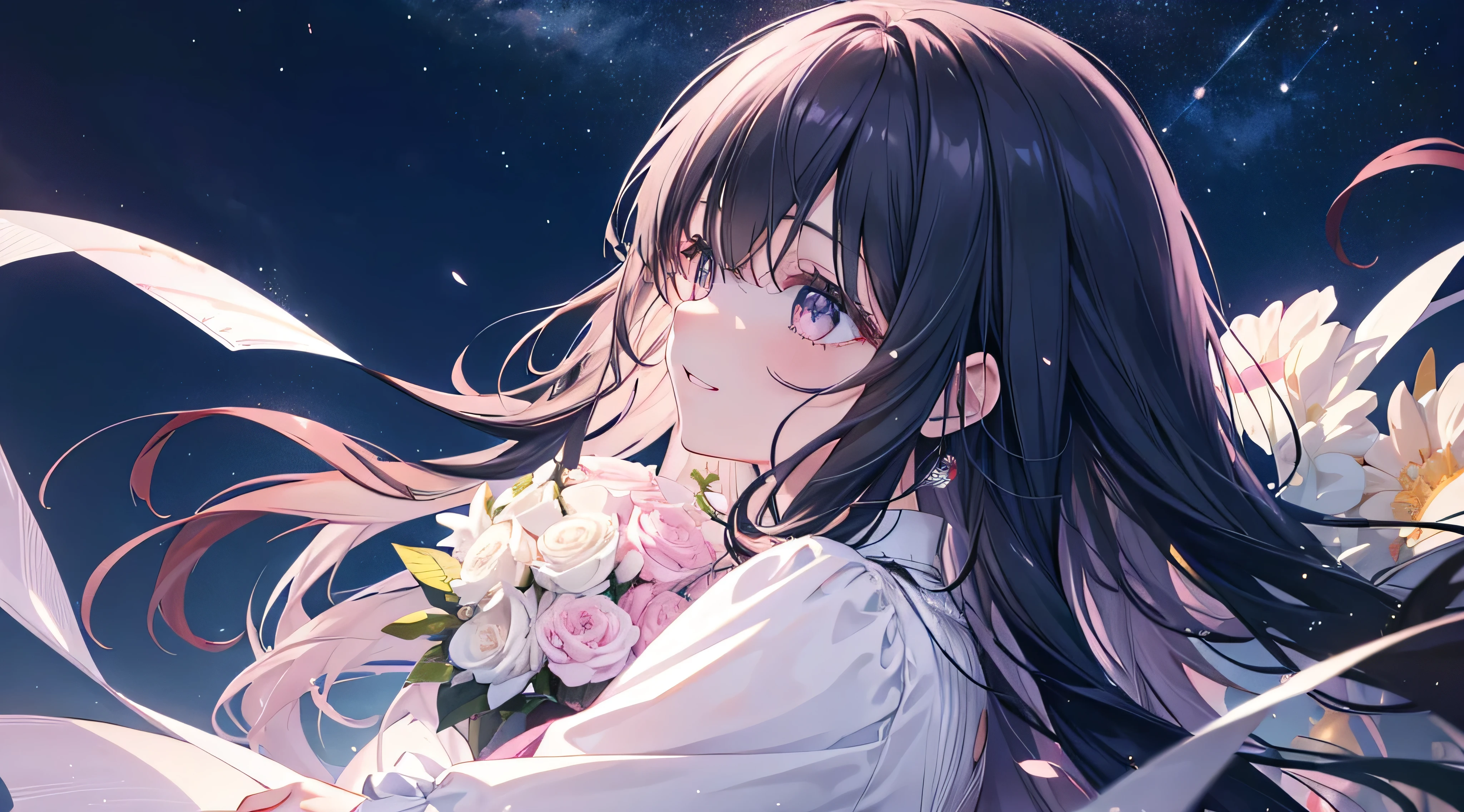 Anime girl with long hair and flowers in her hand - SeaArt AI