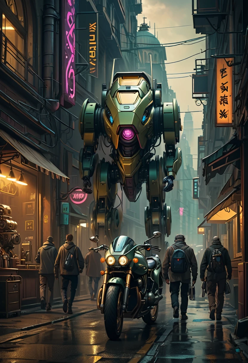 A group of robots walking down the street, cyberpunk style, steampunk ...