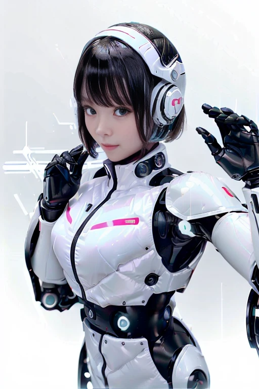 A girl in a futuristic bright white heavily armored robot suit takes a ...