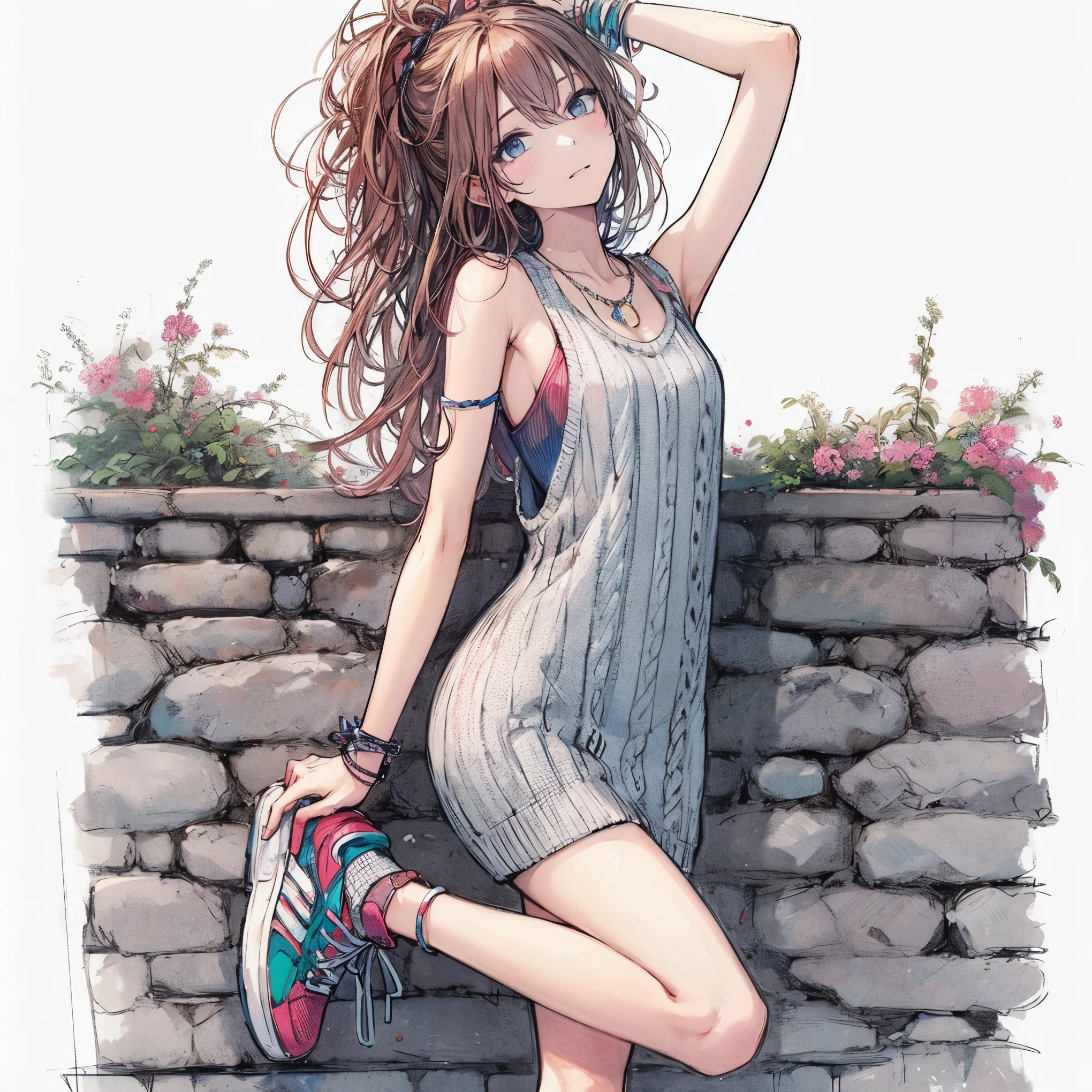 Anime girl leaning on a wall with her legs crossed - SeaArt AI